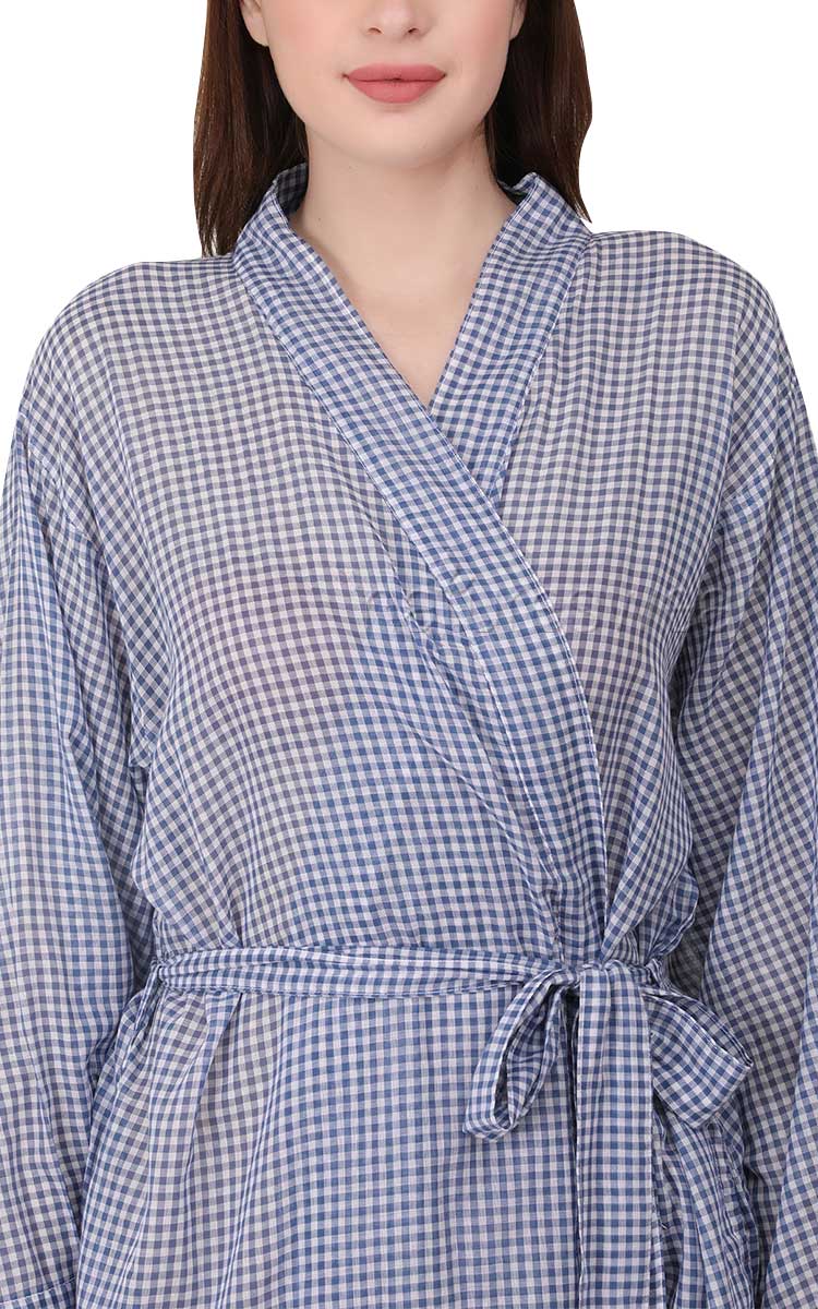 Arabella Cotton Robe in Blue Gingham For Women | Pure Cotton Robe ...
